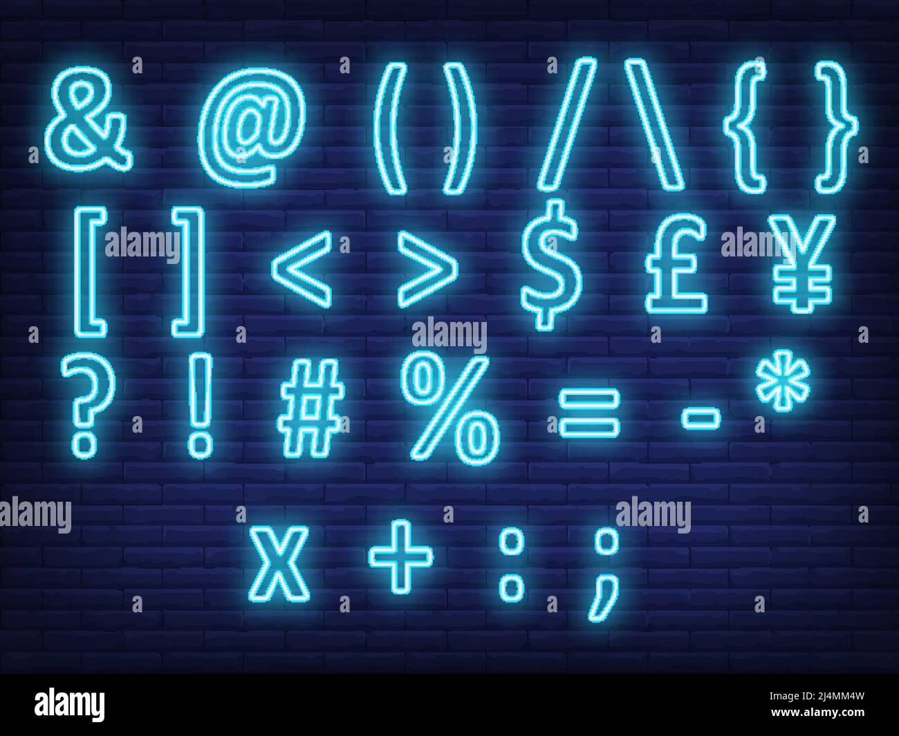 Bright blue text symbols neon sign. Glowing numbers and symbols on ...