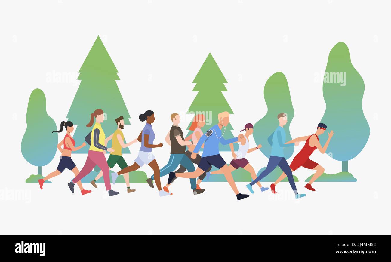 Sporty people running marathon in park vector illustration. Jogging ...