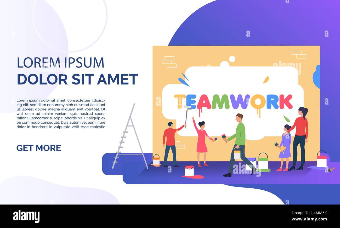 People writing word teamwork on wall and sample text. Collaboration ...