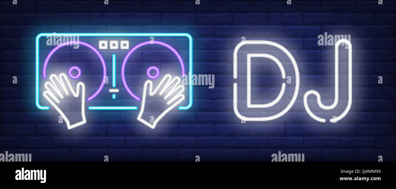 DJ neon text with turntable. Music, party and disco design. Night ...