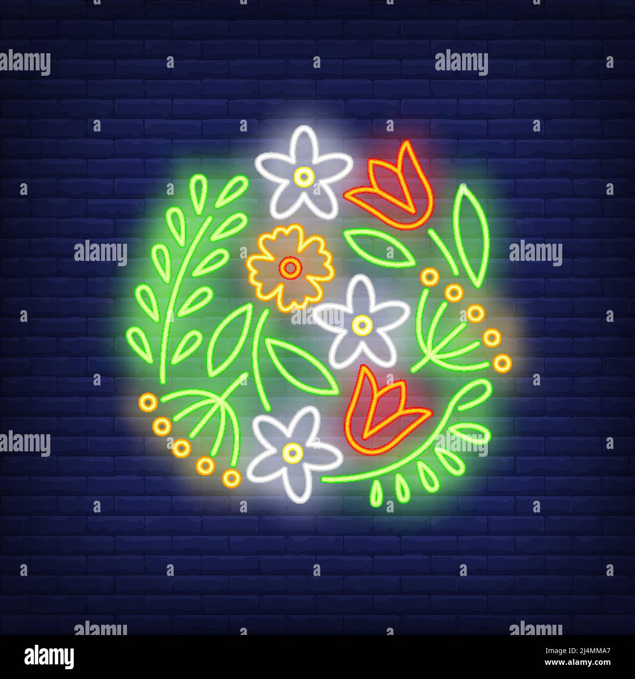 Flower pattern emblem neon sign. Flower logo design. Night bright neon ...