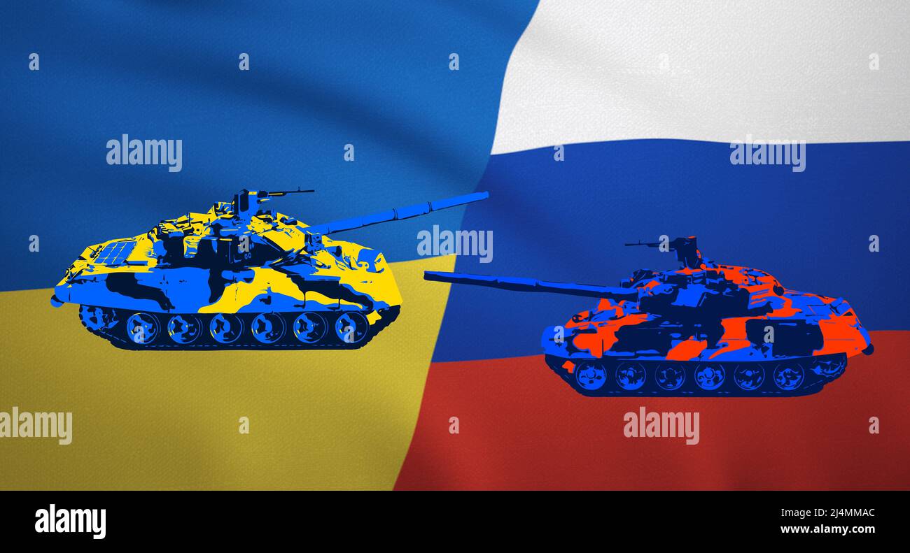 Ukraine and Russian tanks stand in front of each other in flags ...