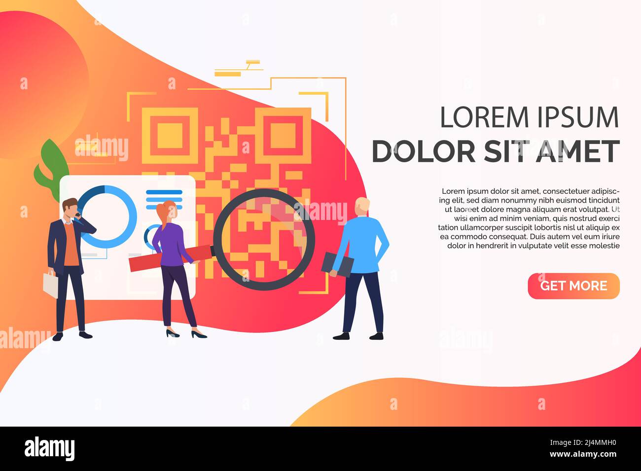 Business people working, big QR code and sample text. Identification ...