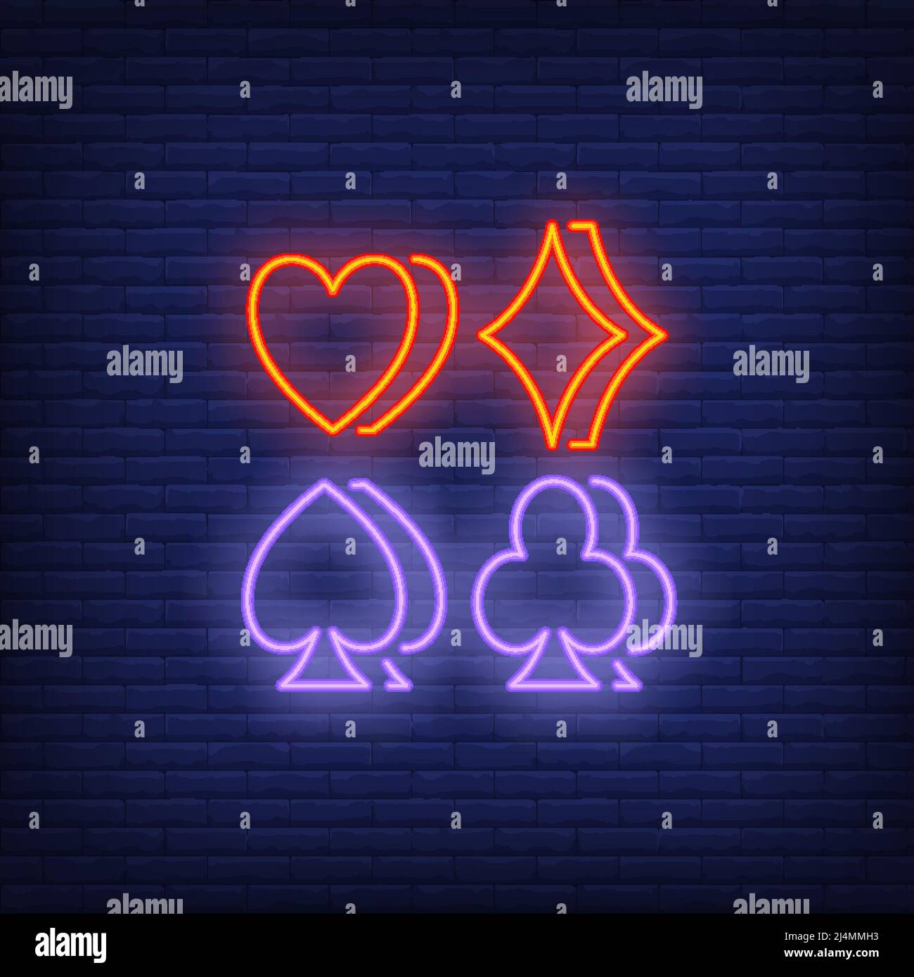 Four suit symbols neon sign. Gambling and poker club design. Night ...