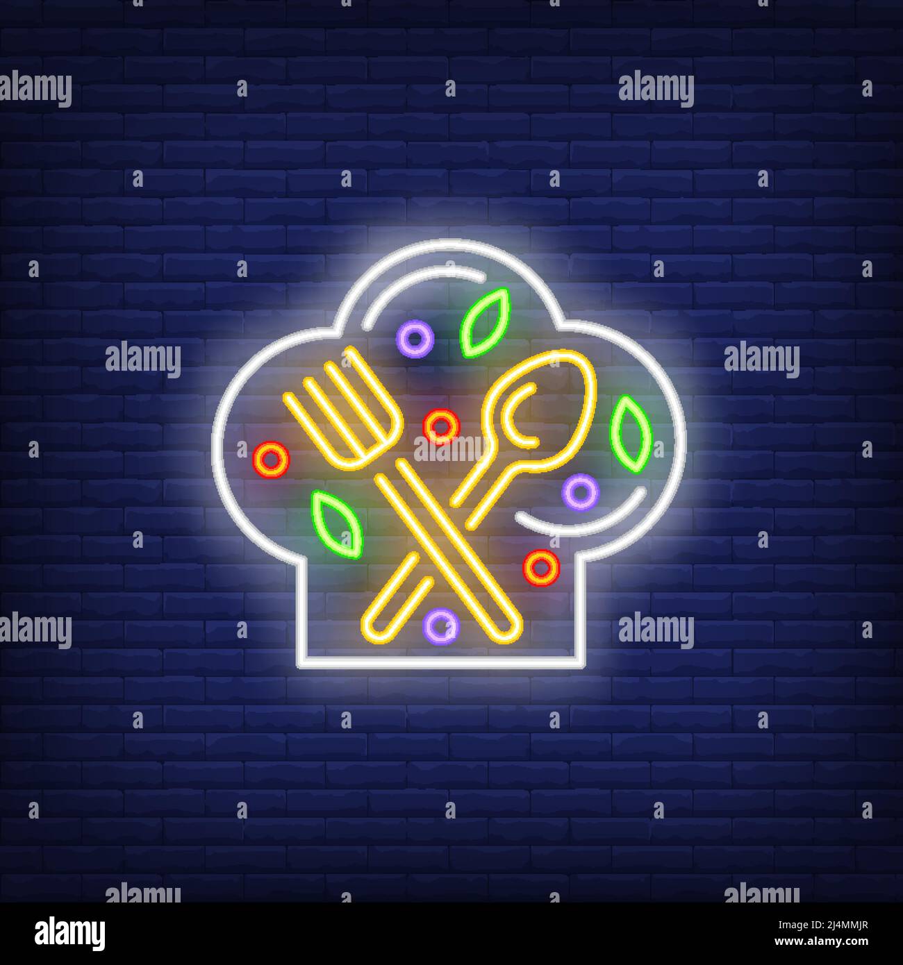 Fork, spoon and ingredients on chef hat neon sign. Cooking, kitchen and ...