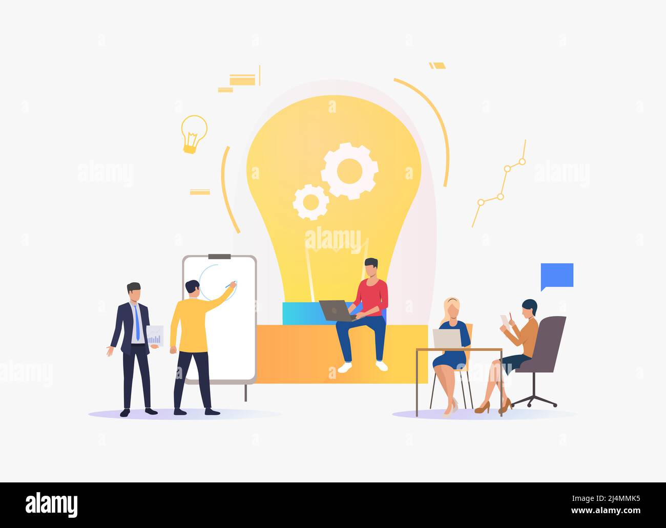 Light bulb, people discussing ideas and working. Innovation, study ...