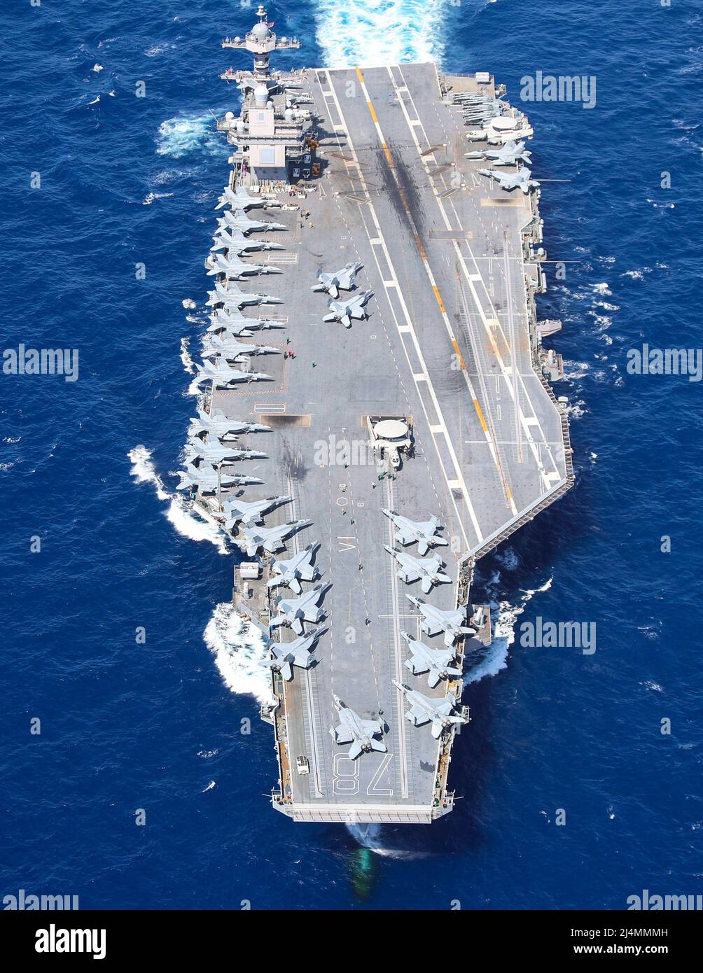 Aircraft attached to Carrier Air Wing (CVW) 8 sit on USS Gerald R. Ford ...