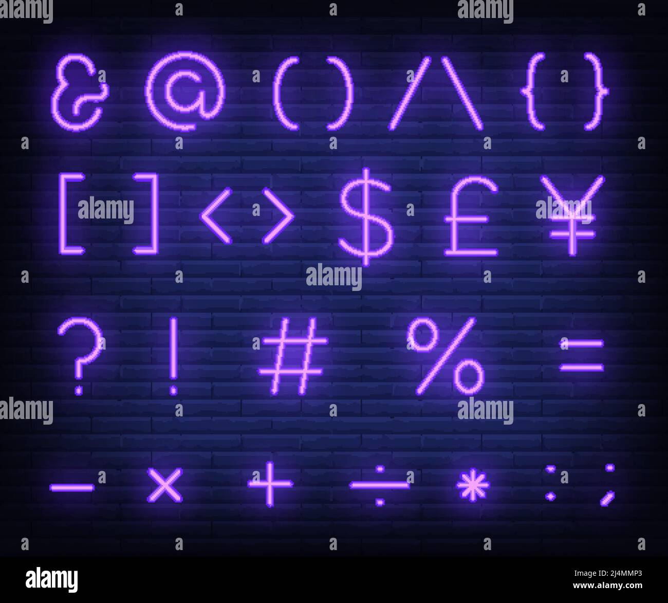Purple text symbols neon sign. Glowing symbols on brick wall background ...