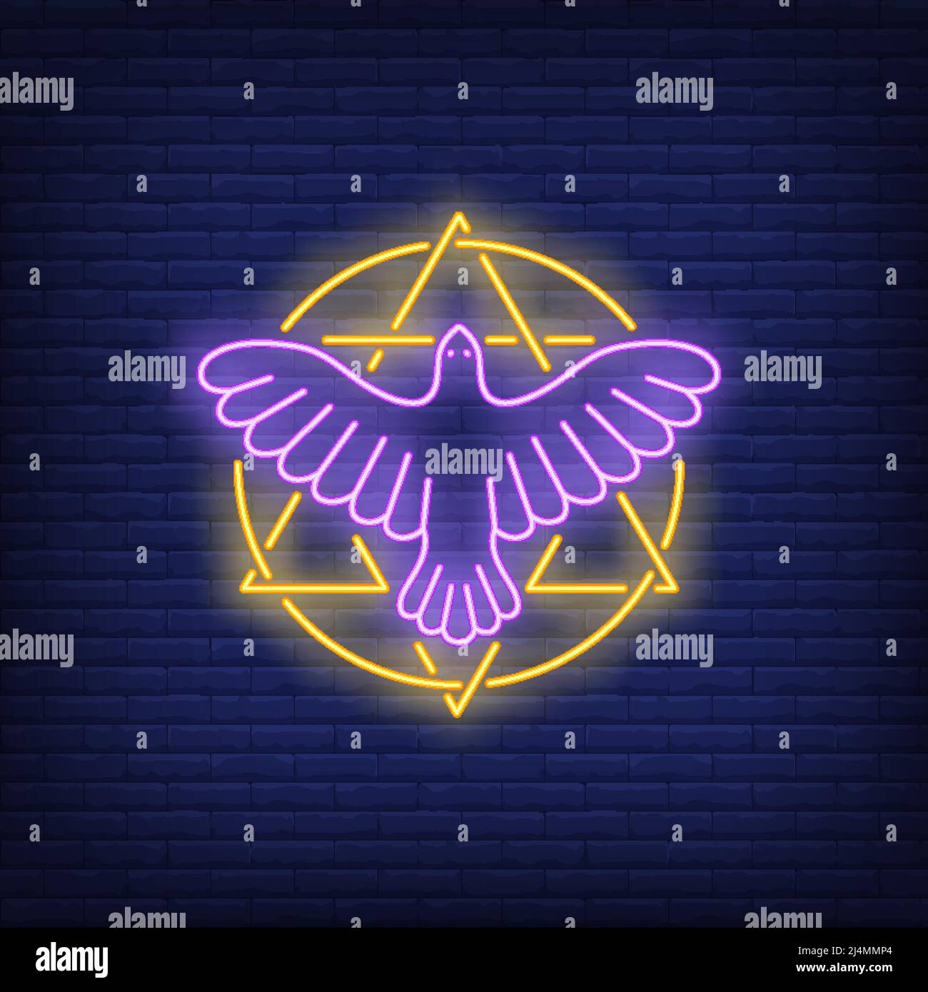 Hexagram in circle with bird neon sign. Ethnic symbol design. Night ...