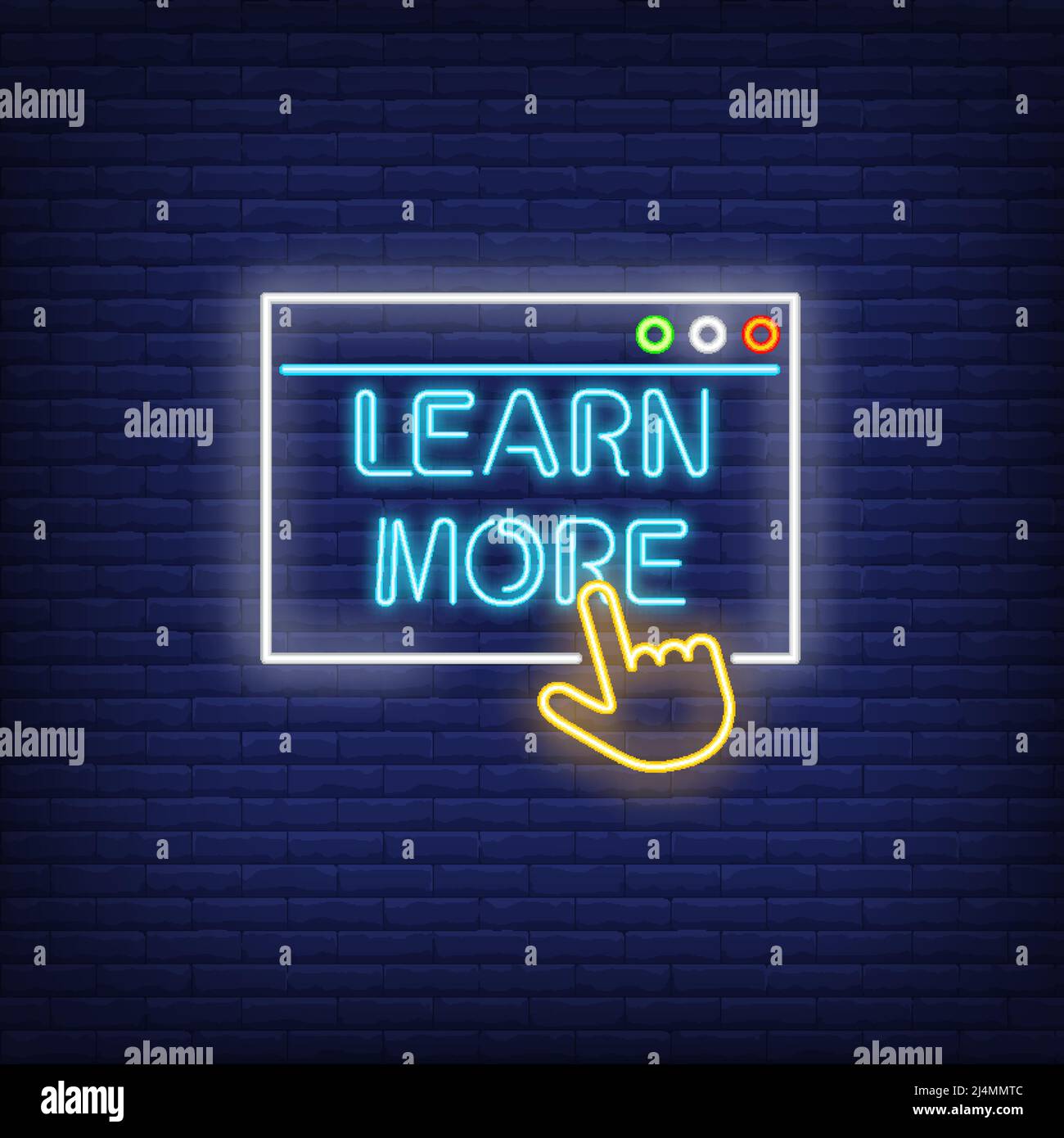 Learn more neon sign. Active link on brick wall background. Vector ...