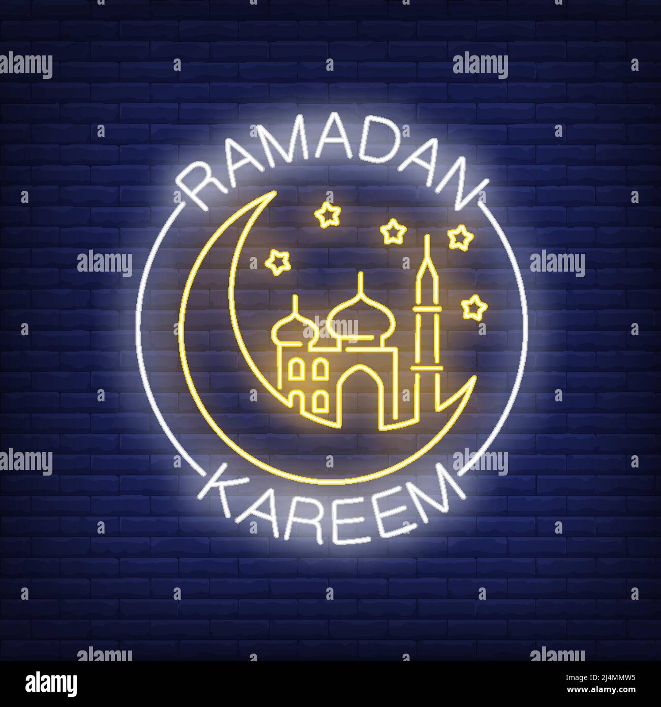 Ramadan Kareem neon text with crescent moon and mosque. Ramadan Kareem ...