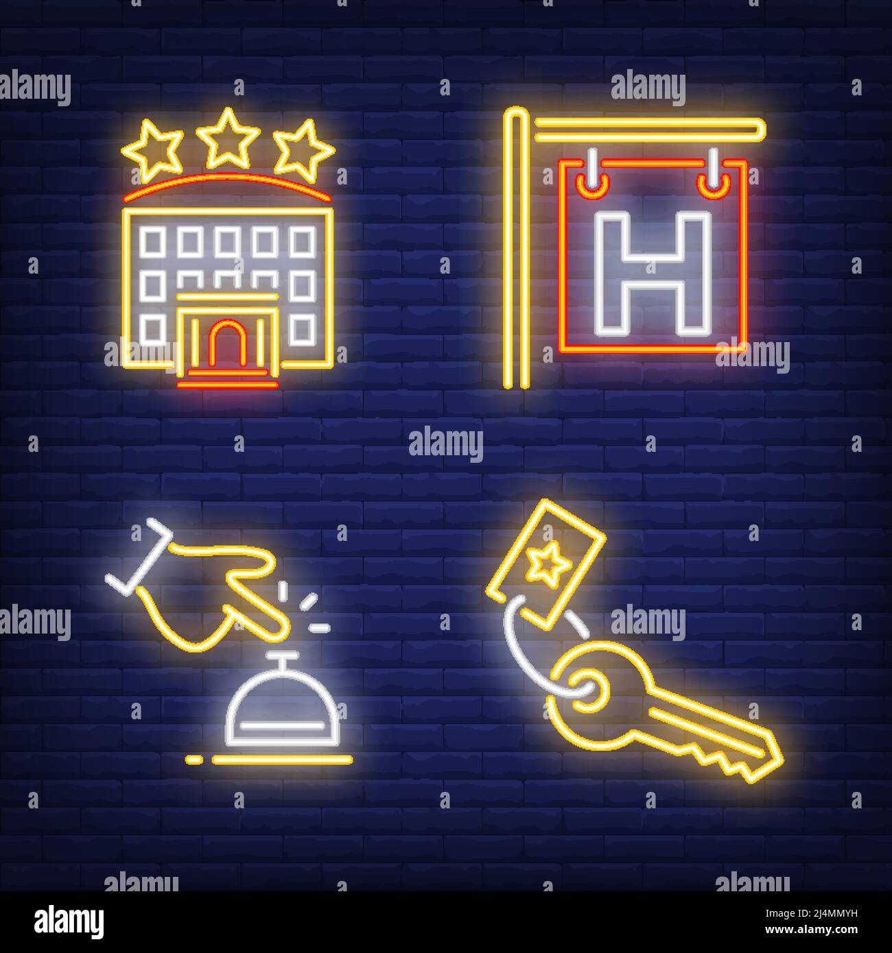 Hotel neon sign set. Signboard, bell, key, hotel building with three ...