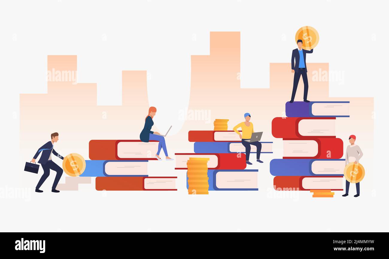 Urban background with businesspeople and books vector illustration ...