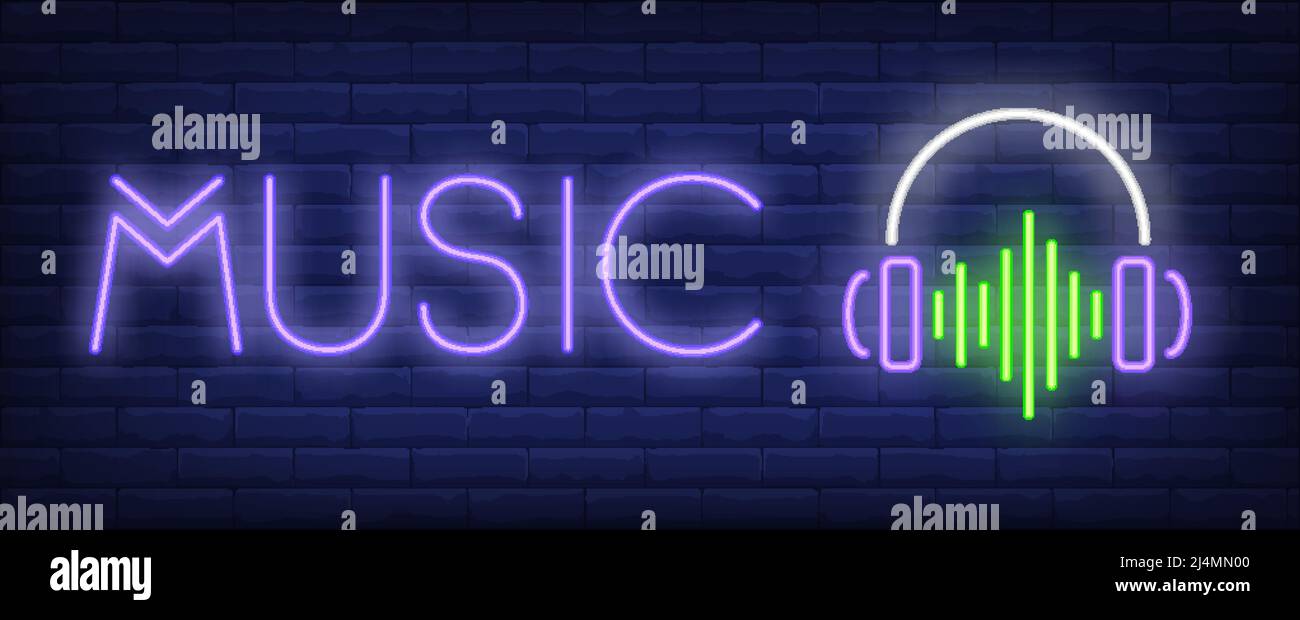 Music neon text with headphones and sound wave. Music, party and disco ...