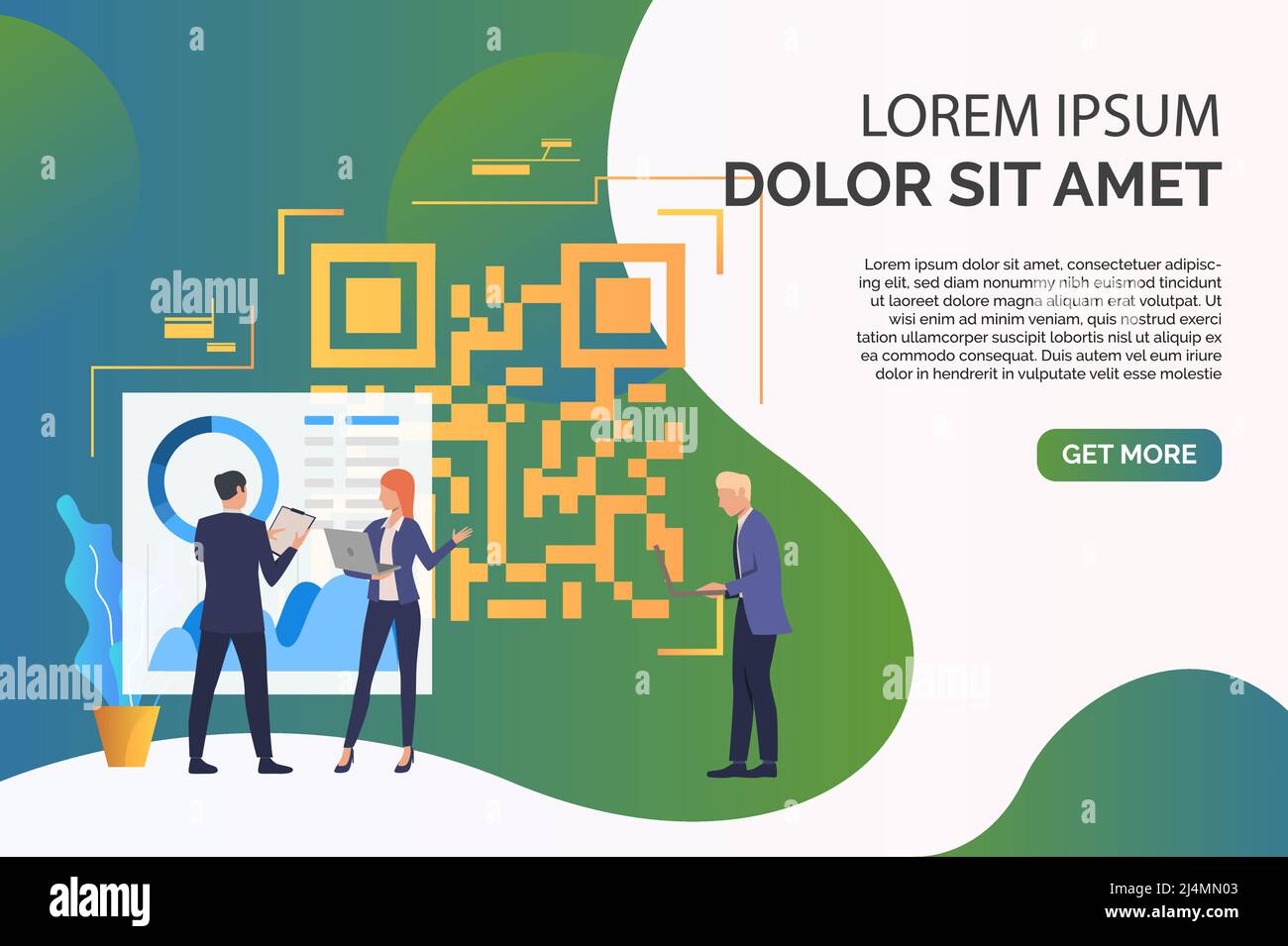 Business people discussing issues, big QR code with sample text. Work ...