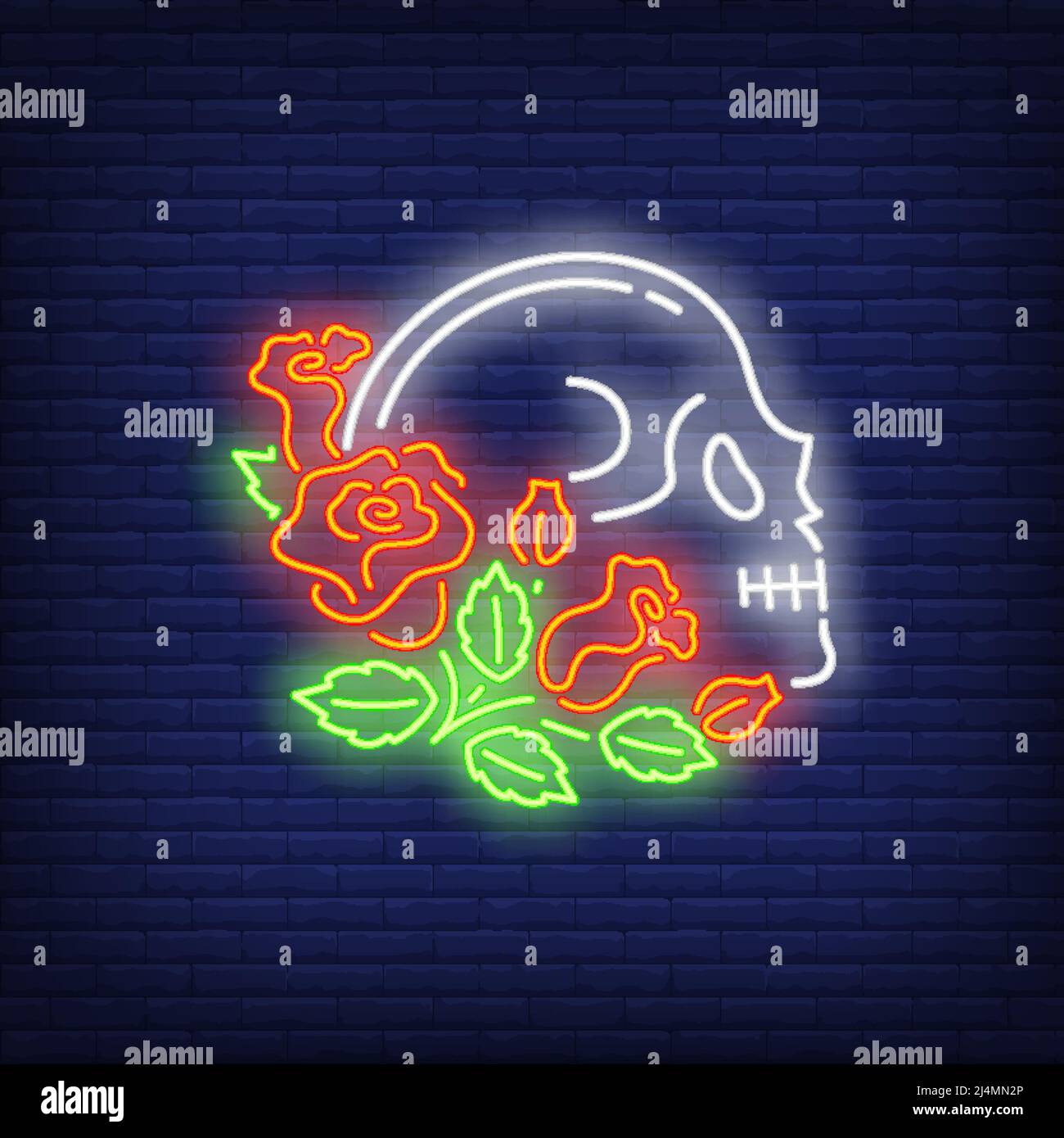 Skull profile in roses neon sign. Tattoo or logo design. Night bright ...