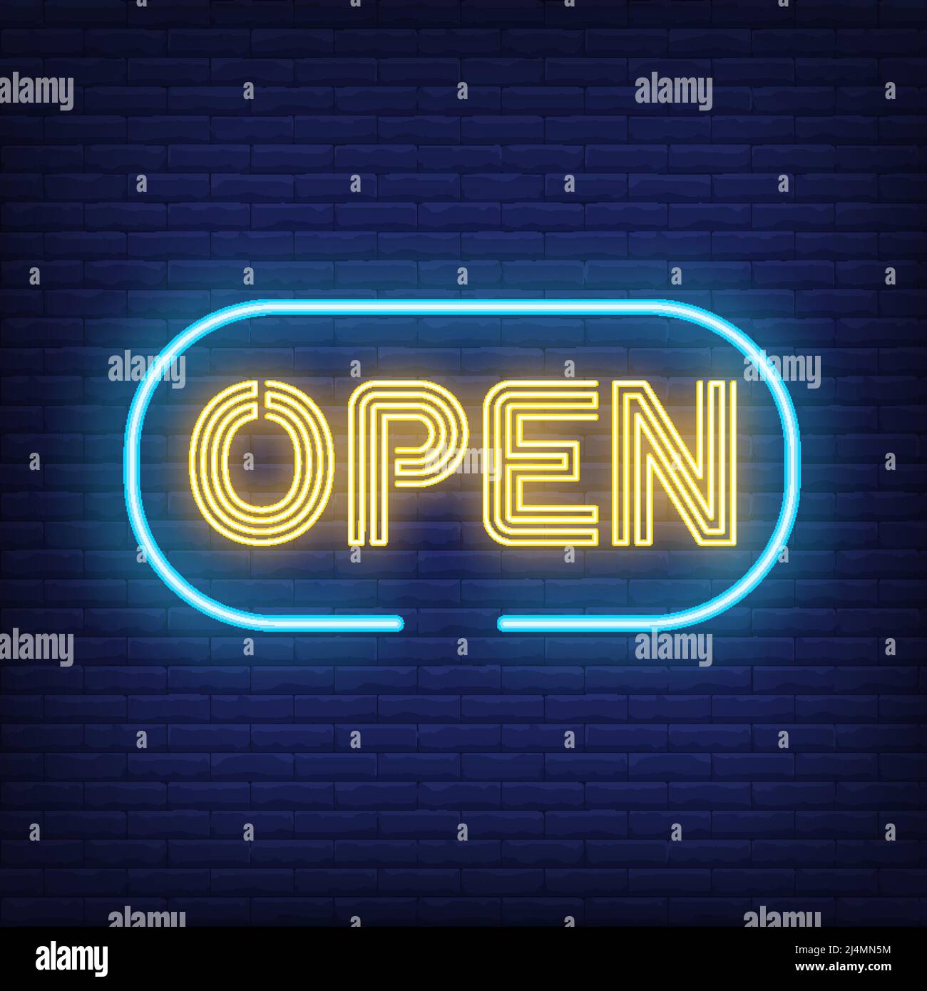 Open neon text in frame. Shop sign design. Night bright neon sign ...