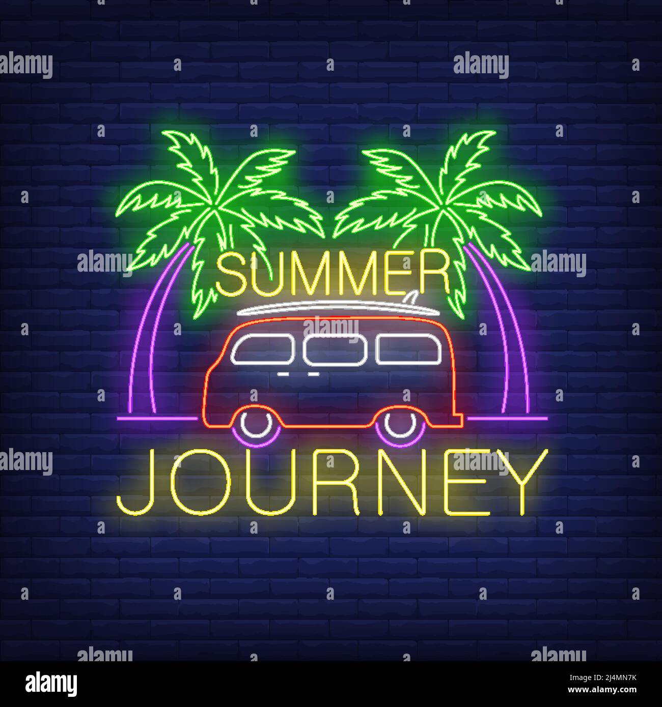Summer Journey neon lettering, minivan and palm trees. Tourism ...