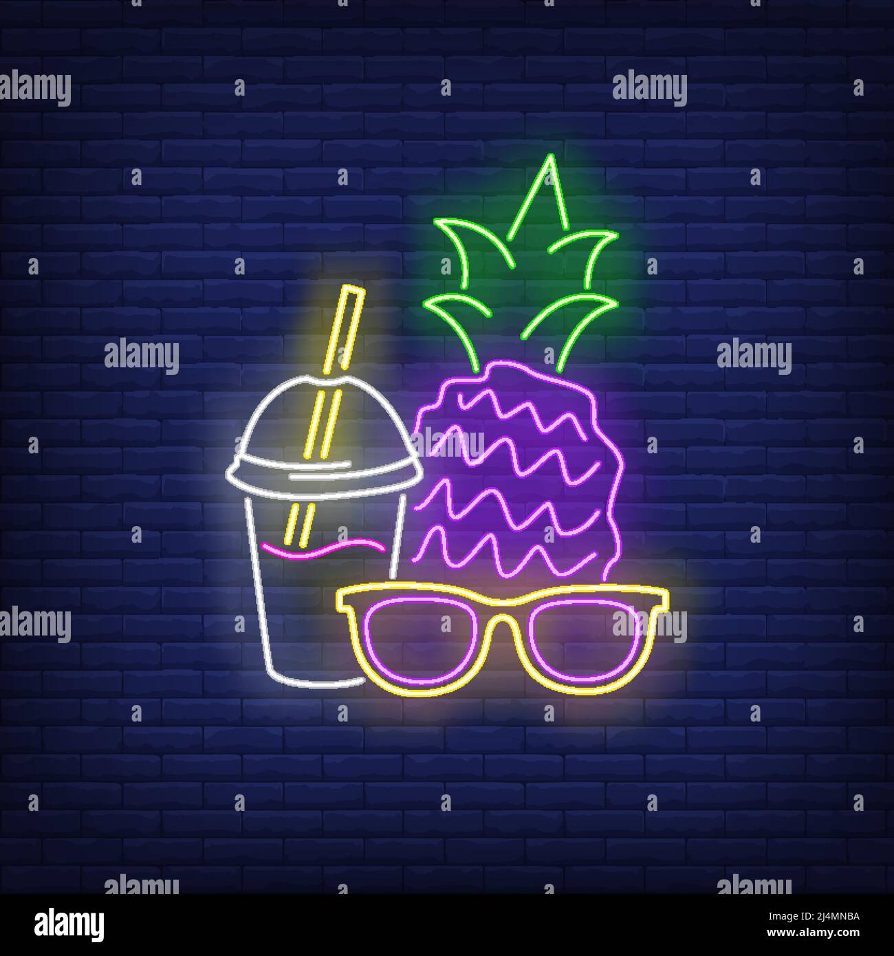 Sunglasses, pineapple and cocktail neon sign. Tourism, vacation, travel ...