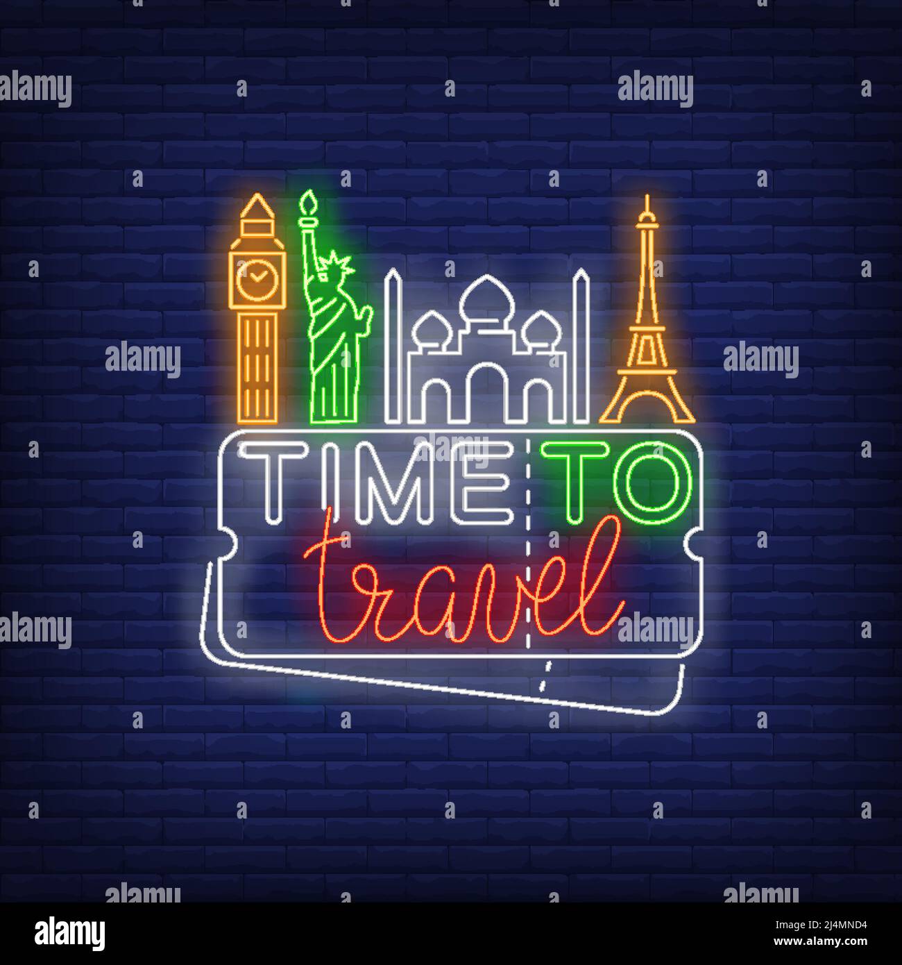 Time to Travel neon lettering with famous landmarks. Tourism, vacation ...