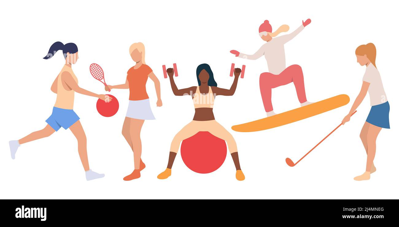 Set of active ladies doing sport. Flat cartoon female characters on ...