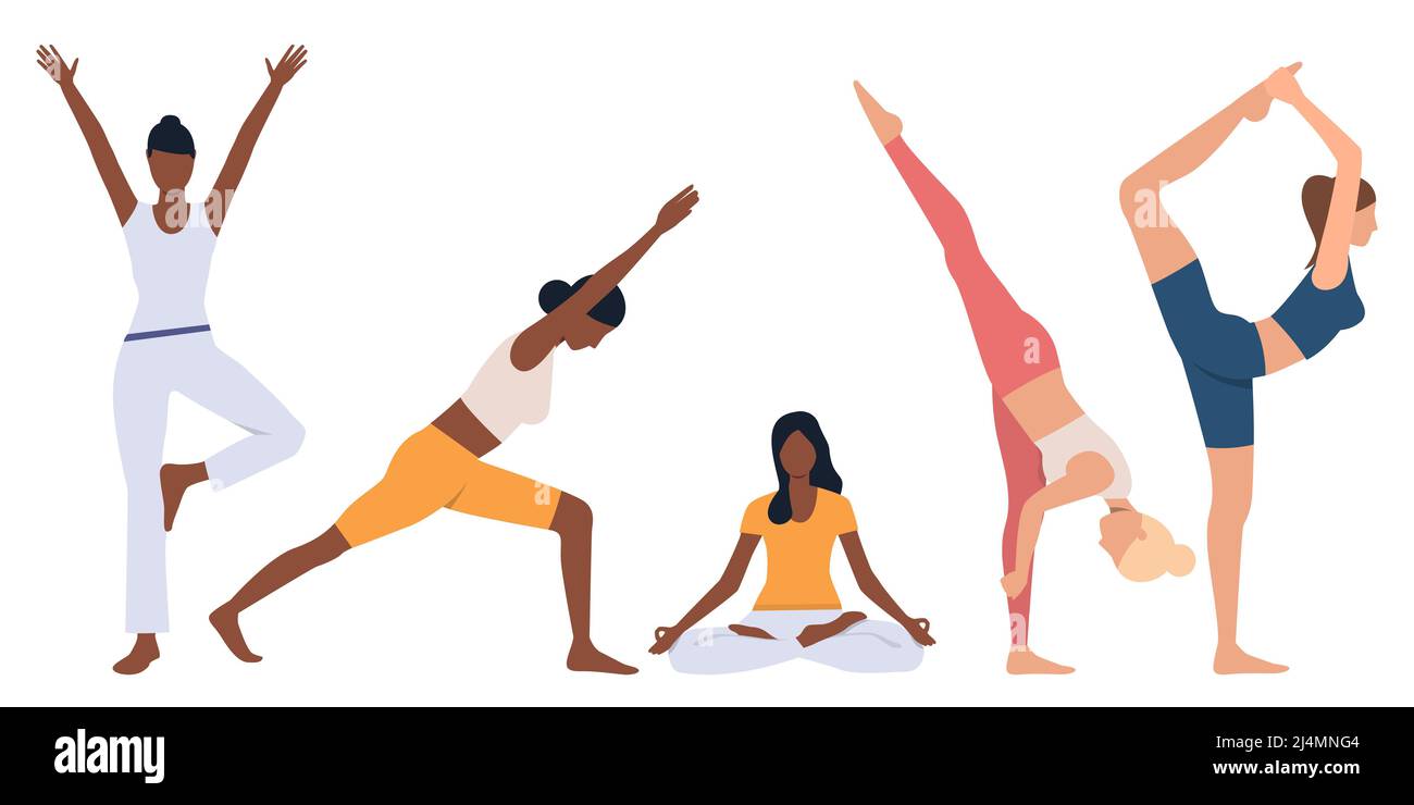 Set of flexible women practicing yoga. Crowd of female cartoon ...