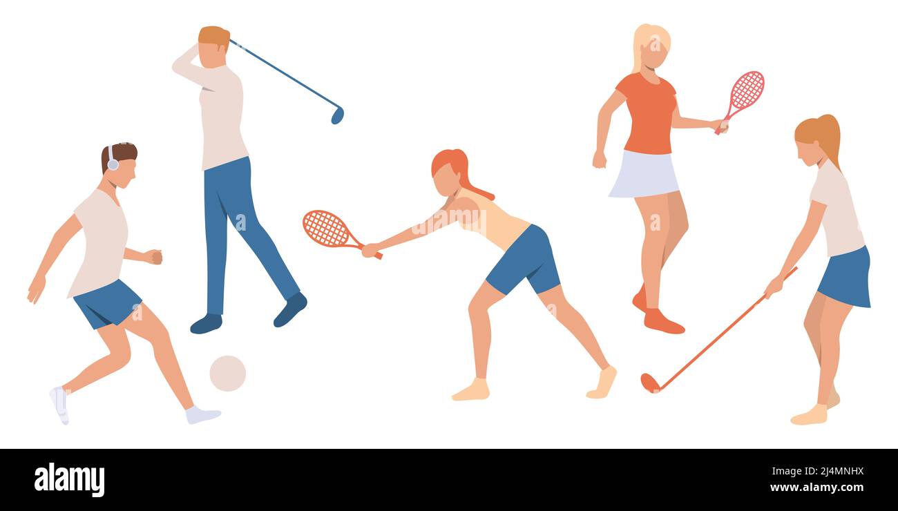 Set of people playing tennis and golf. Group of men and women involved ...