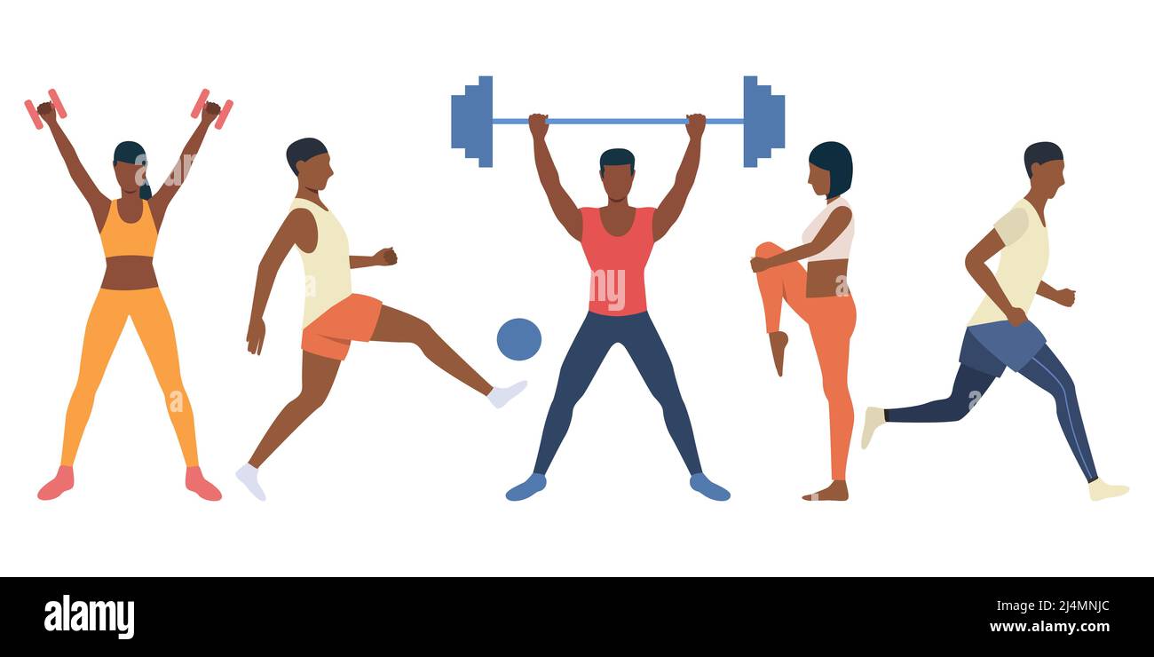 Set of tough people training with sports equipment. Male and female ...