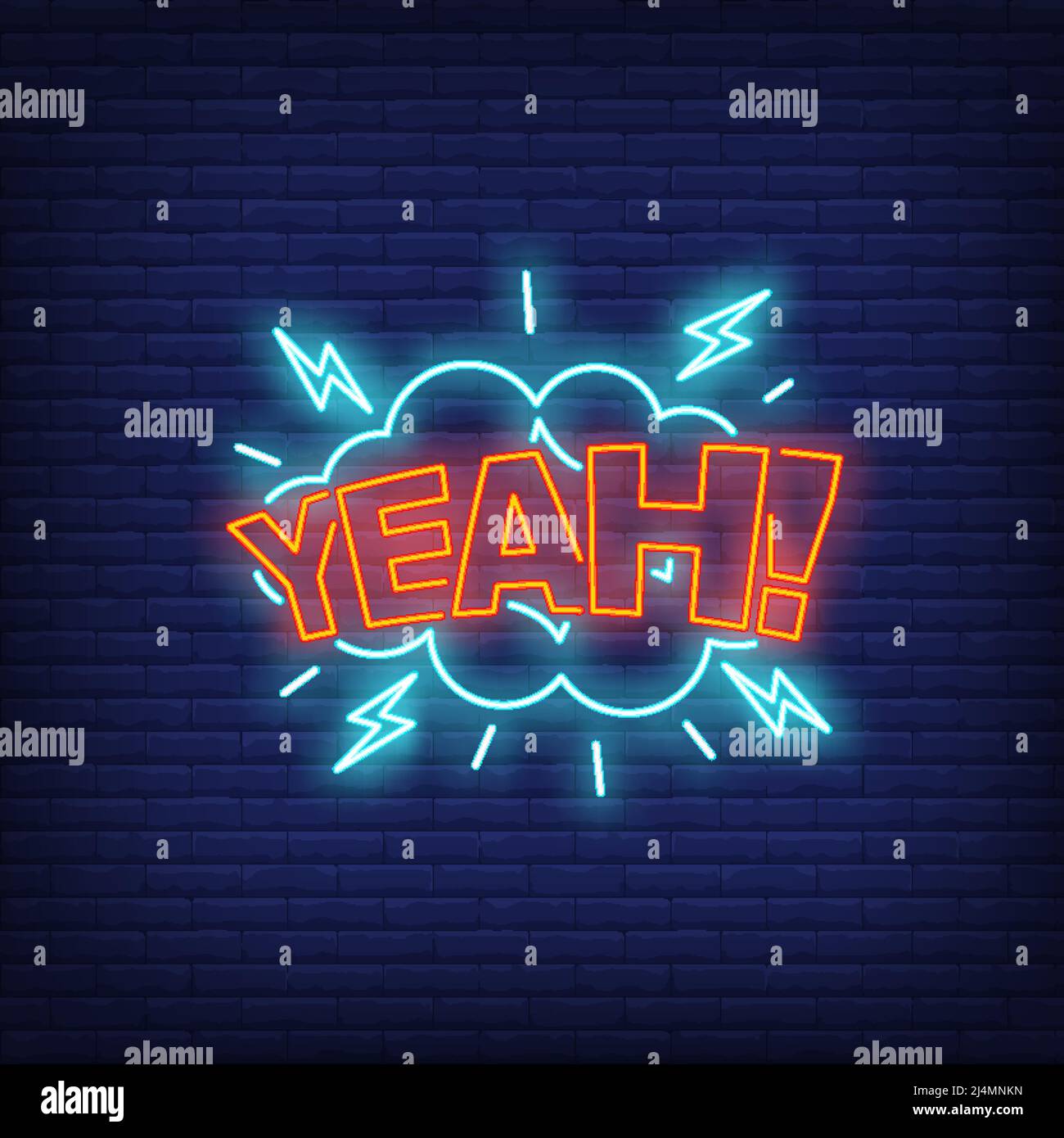 YEAH lettering neon sign. Word in cloud with lightening on brick wall ...