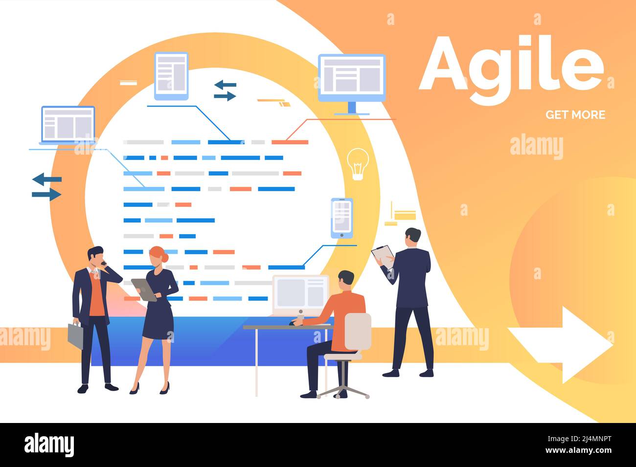 Group of office workers collaborating on tasks. Cycle arrow ...