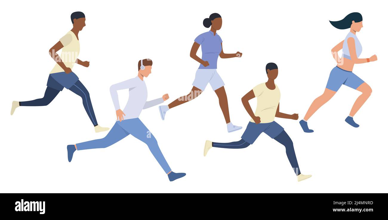 Set of young multiethnic runners. Group of girls and boys jogging ...