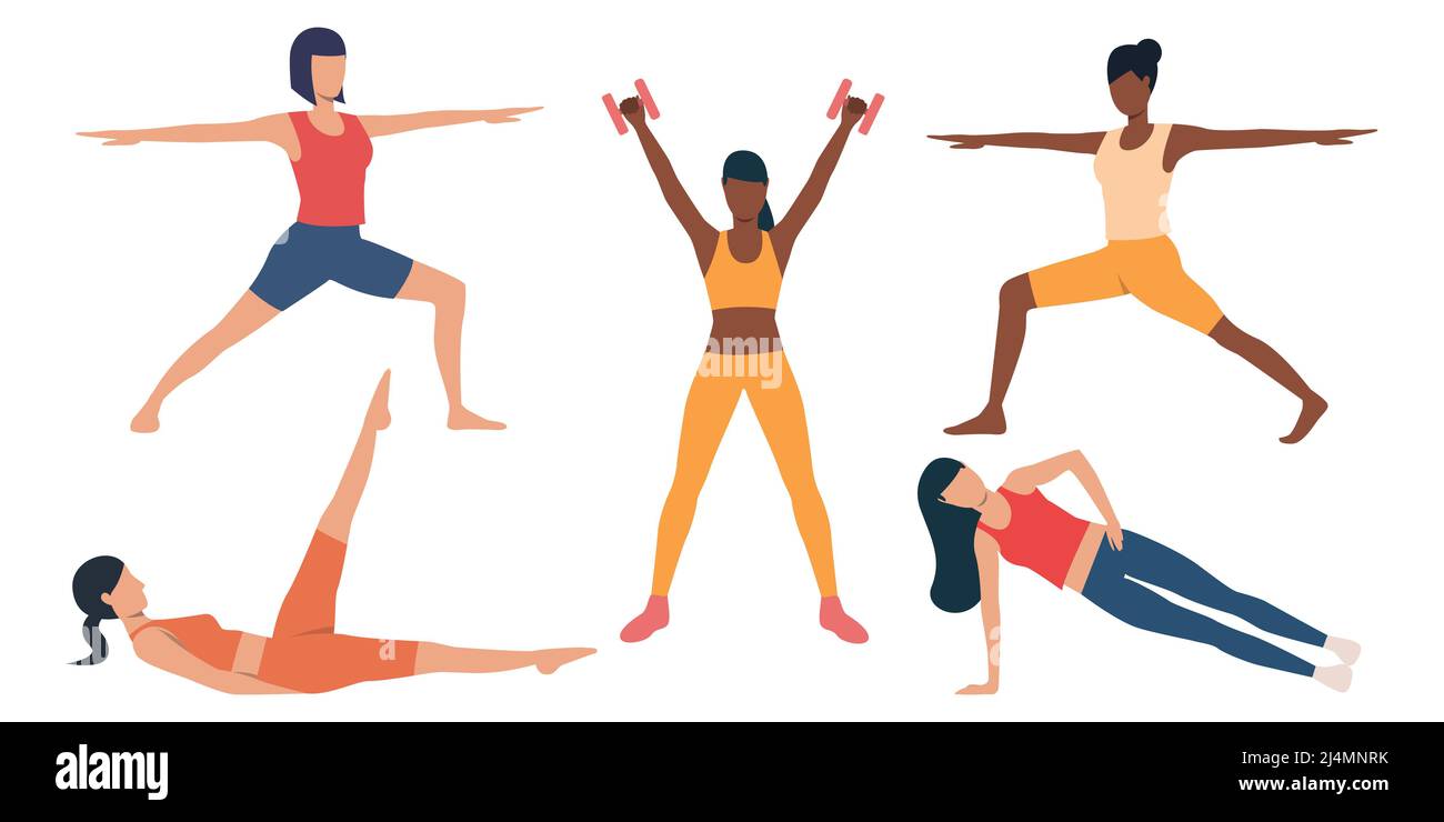 Set of slim girls exercising. Group of multiethnic girls training at ...