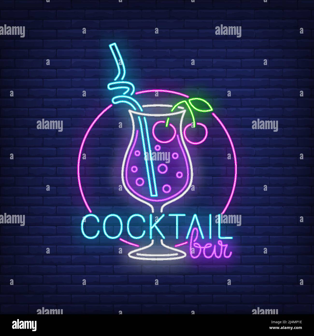 Cocktail bar neon text, drink with straw and cherries. Cocktail bar ...