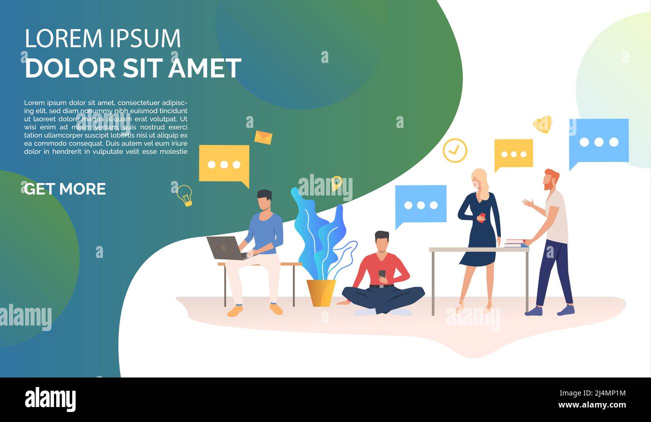 People working in coworking space and sample text. Workplace, worker ...