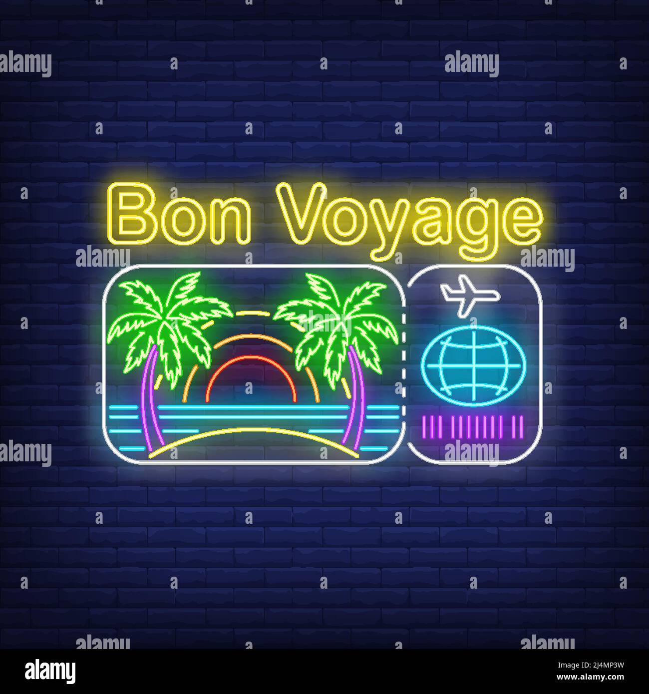 Bon Voyage neon lettering with beach and flight ticket logo. Tourism ...