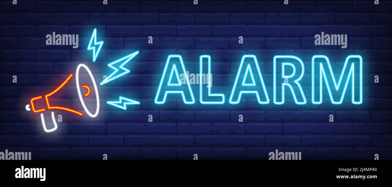 Alarm neon text with loudspeaker. Announcement, marketing ...