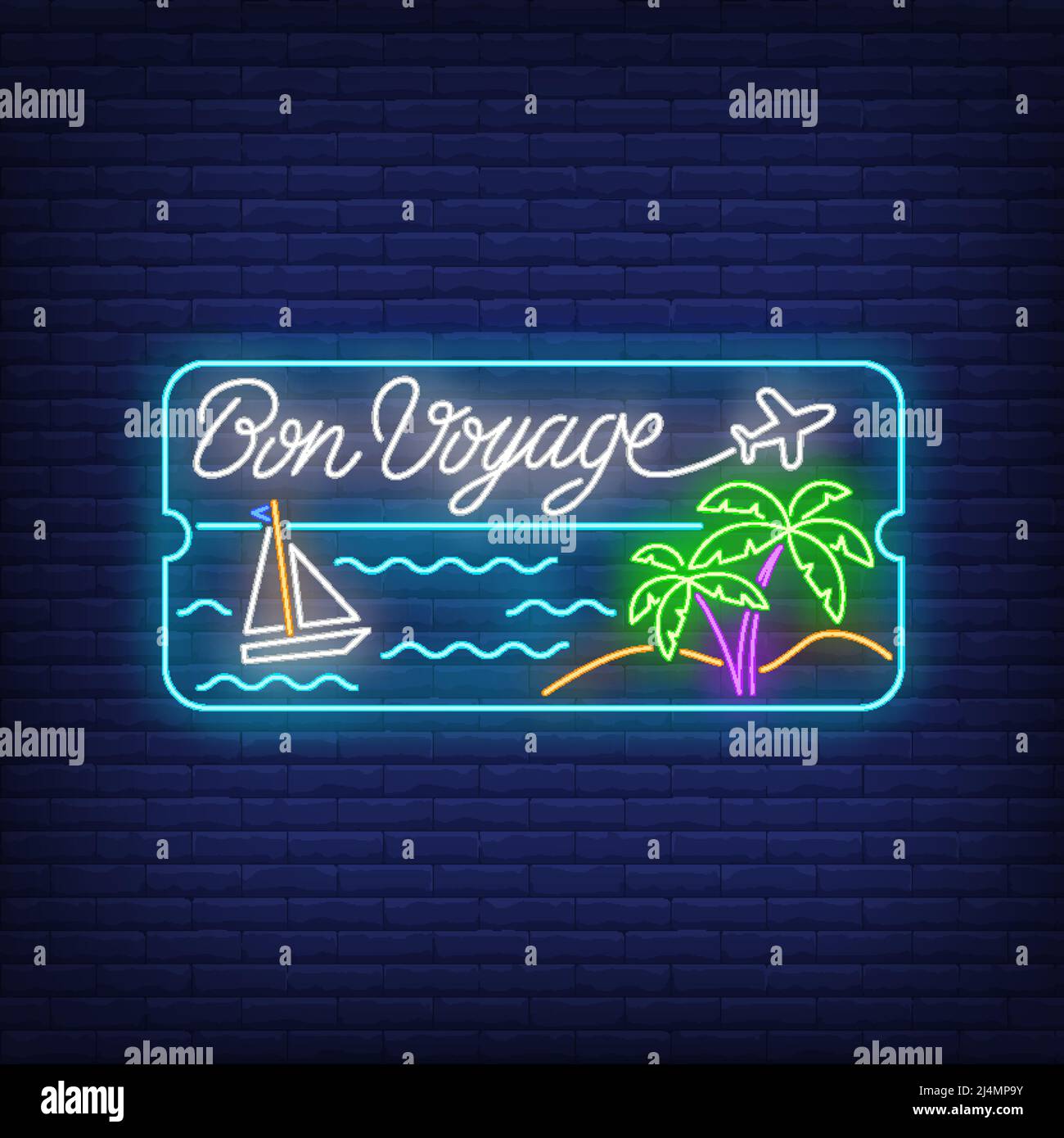 Bon Voyage neon lettering with sea beach, palm trees and ship. Tourism ...