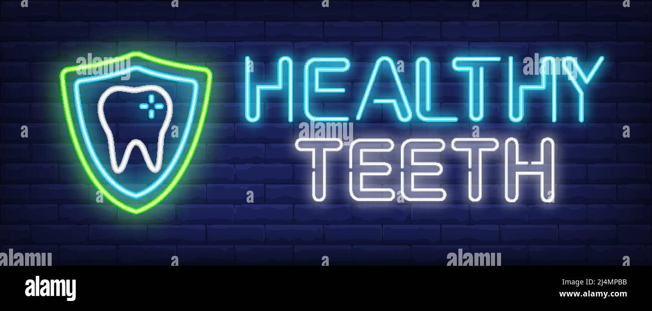 Healthy teeth neon text and tooth with protection shield. Stomatology ...