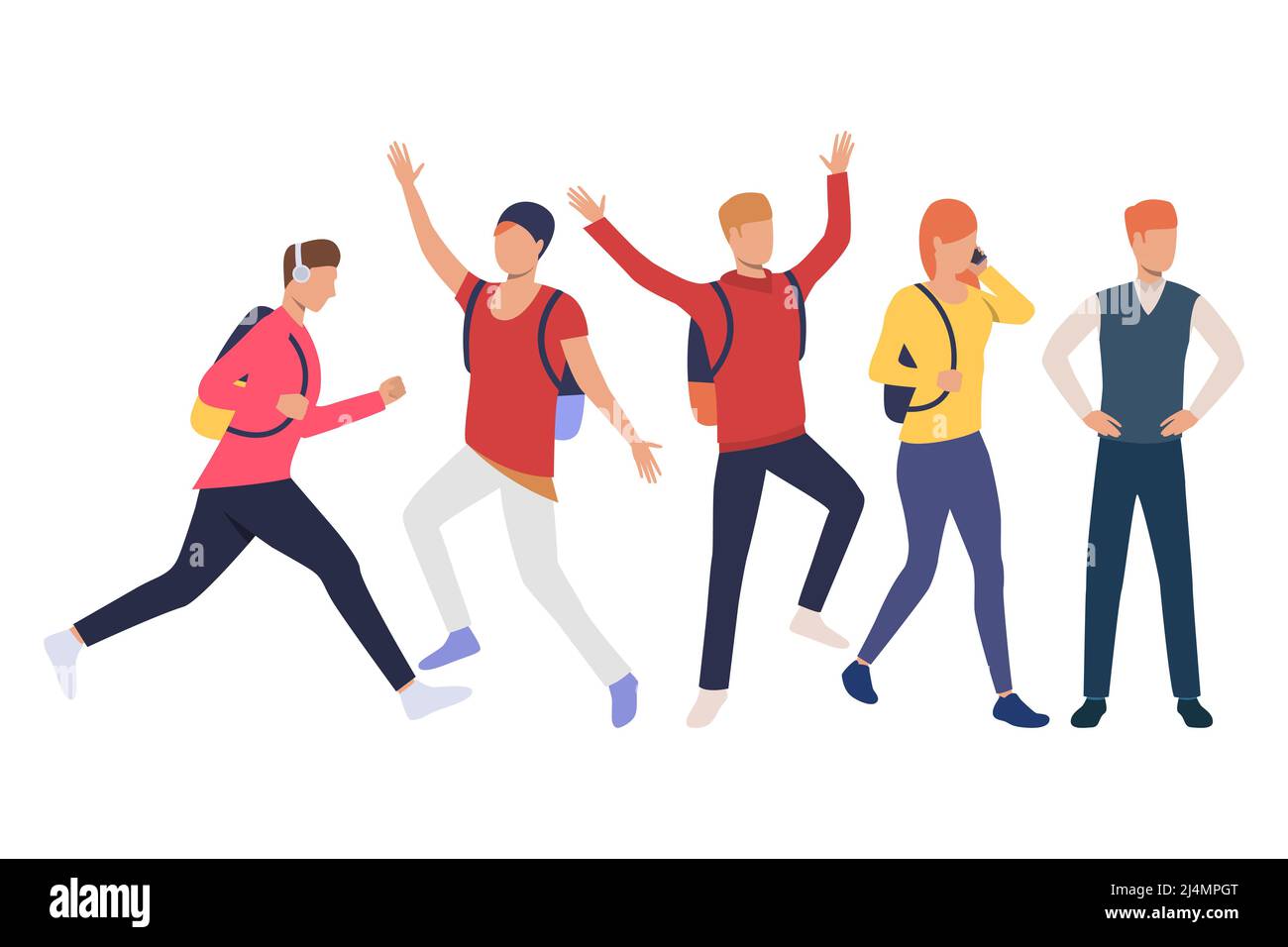 Set of excited hipster students with satchels. Flat cartoon female and ...