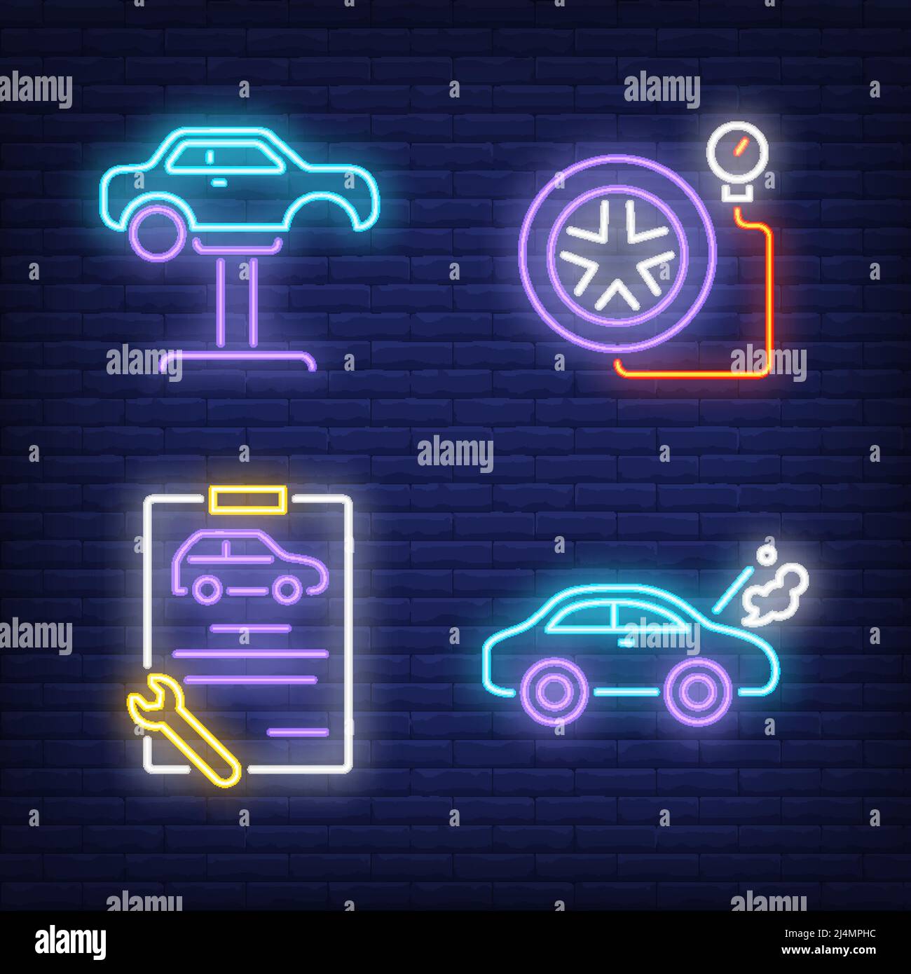 Car on auto lift, clipboard and tire neon signs set. Car service ...