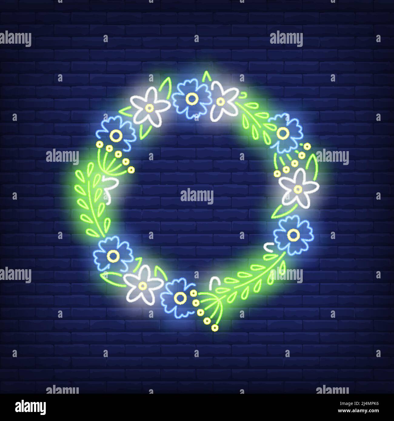 Flower wreath neon sign. Summer, holiday, decor design. Night bright ...