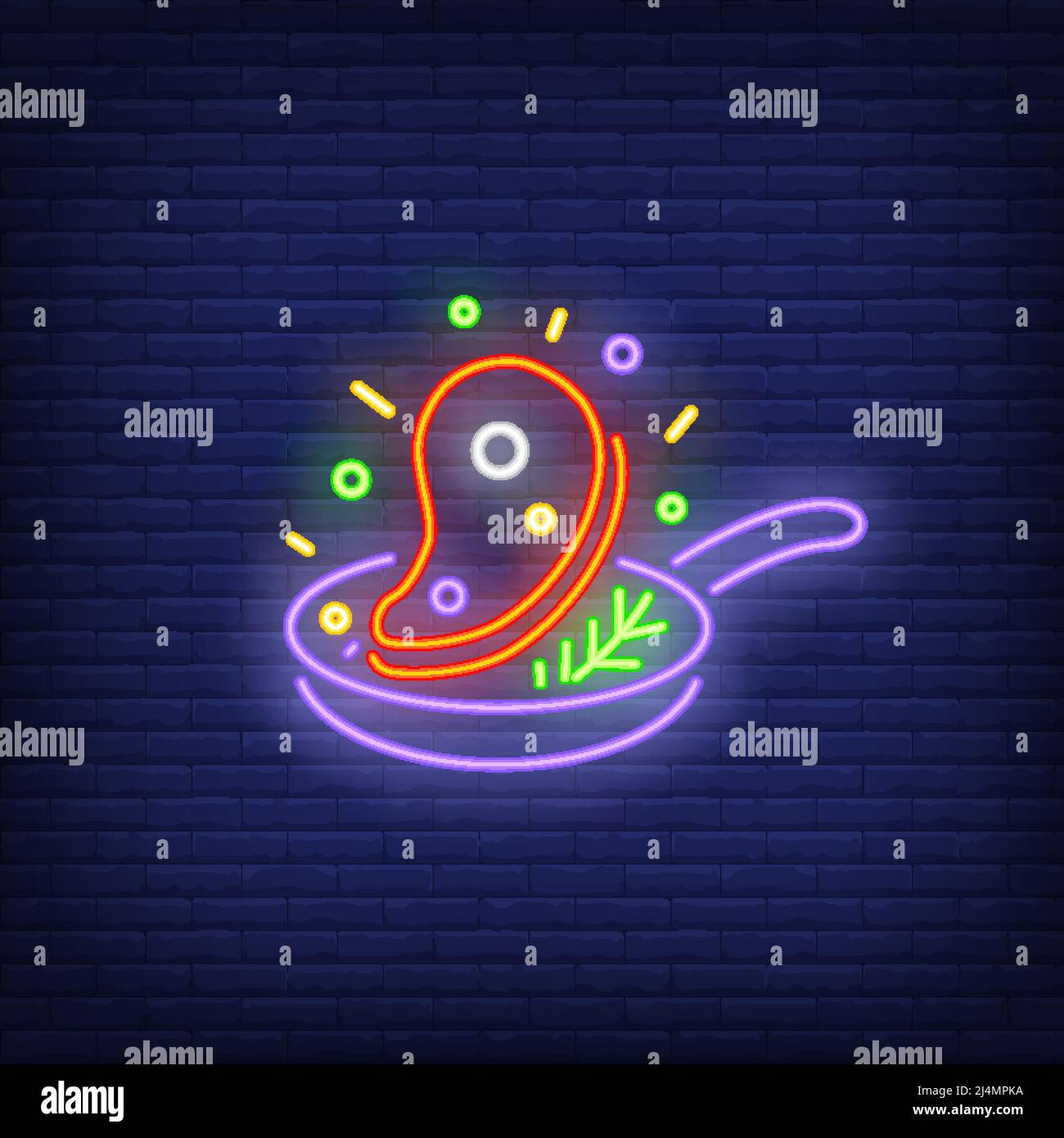 Frying beef steak on pan neon sign. Meat cooking, dinner and restaurant ...