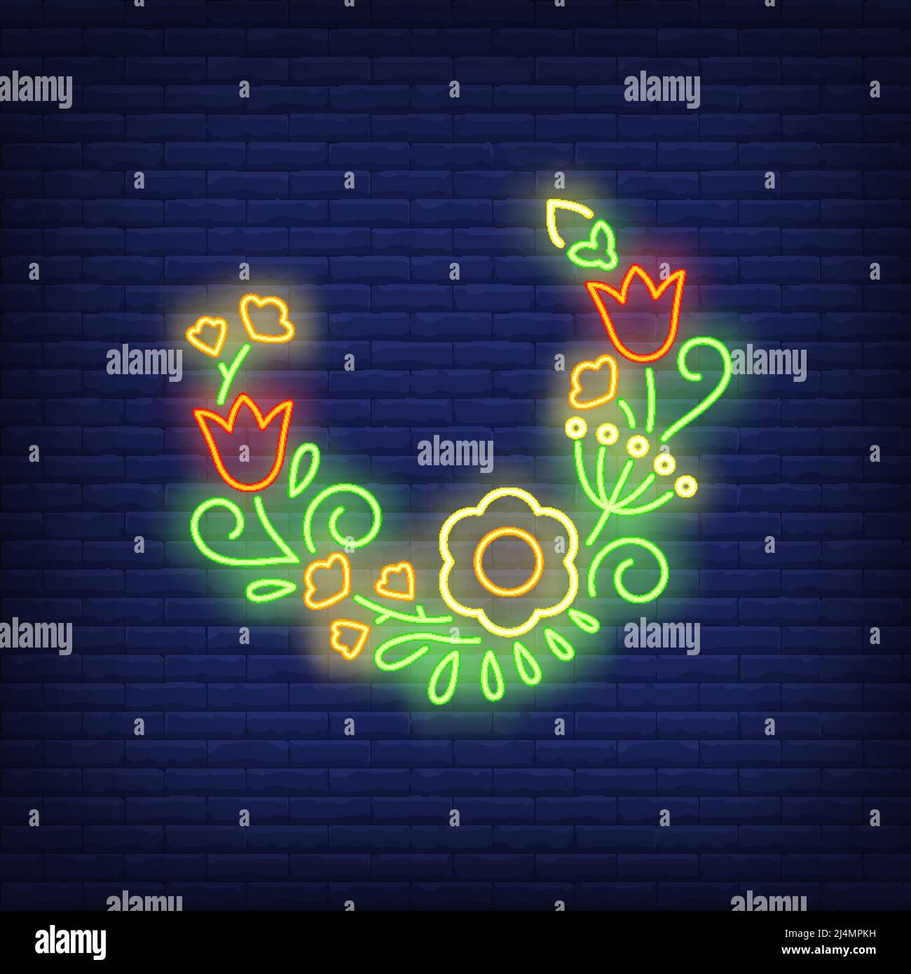 Half-round flower wreath neon sign. Flower logo design. Night bright ...