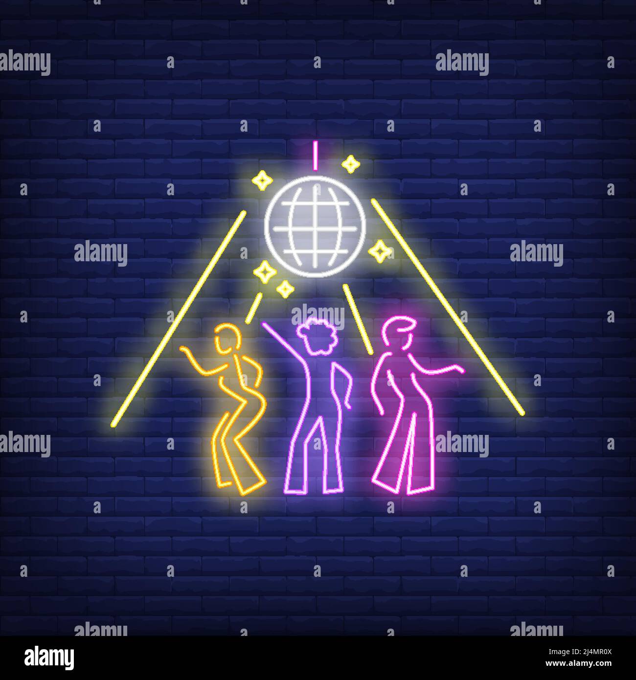 Night club neon sign. Glowing neon dancing people and disco ball on ...