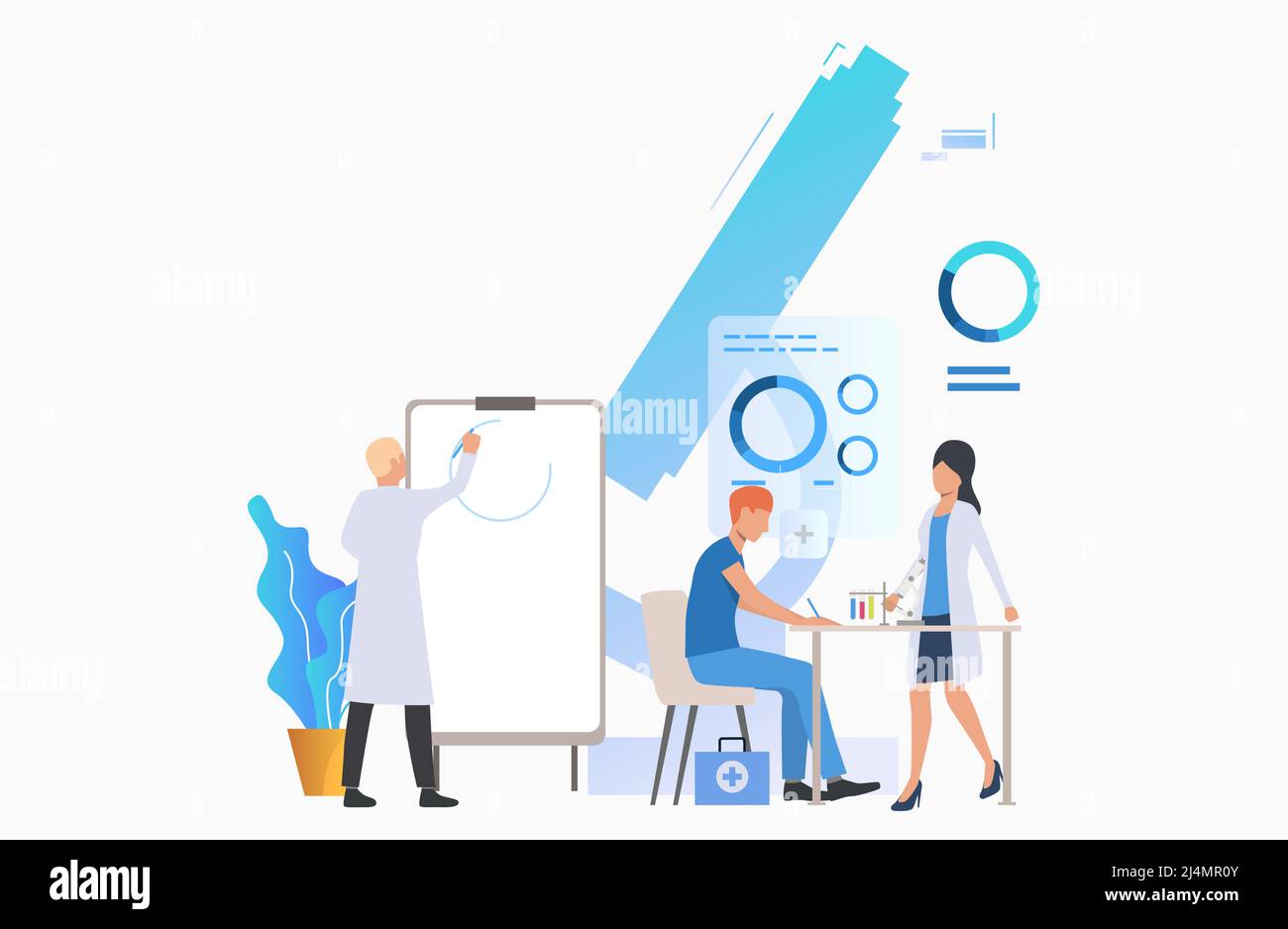 Physicians drawing graph and working with tubes vector illustration ...