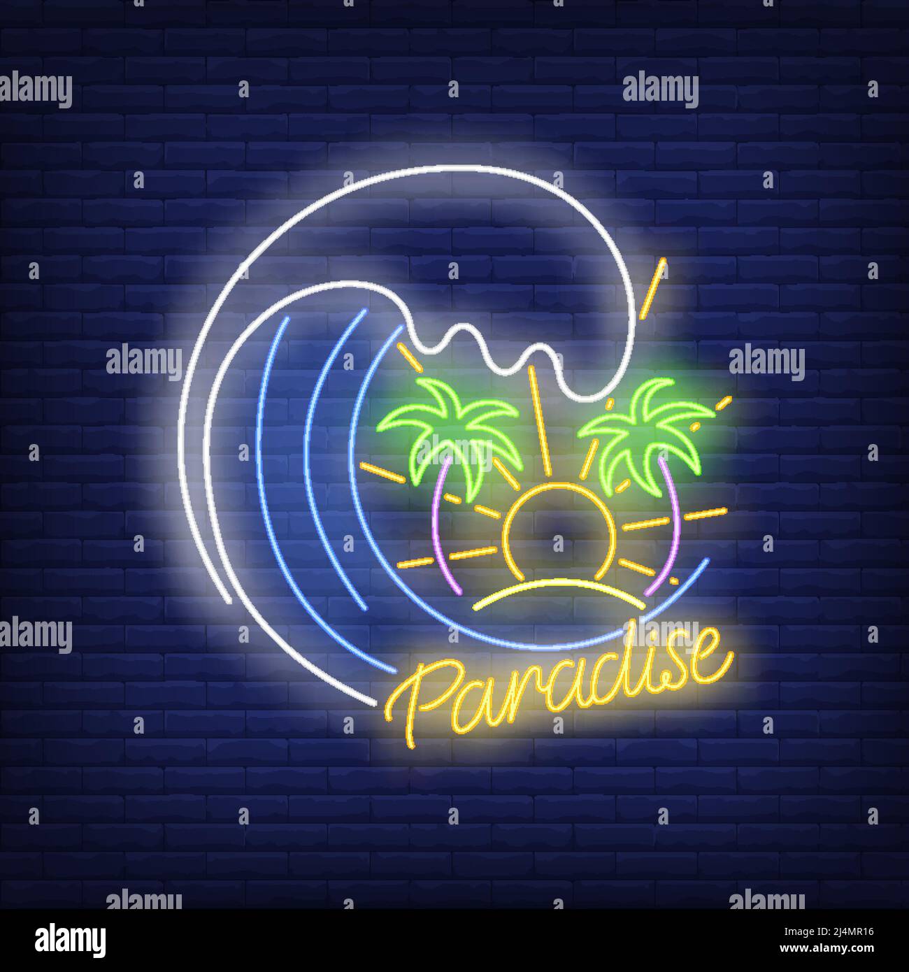 Paradise neon text with ocean wave, palm trees and sun. Summer, tourism ...