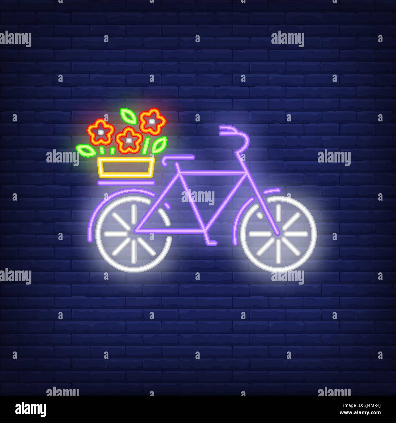 Spring bike neon sign. Bicycle with basket of flowers on brick wall ...