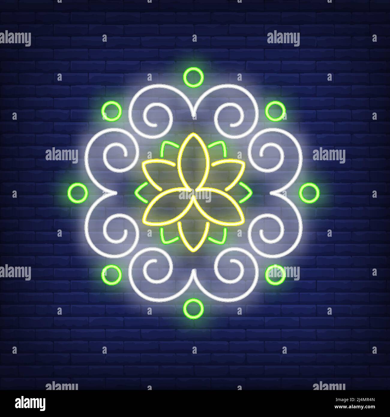 Round floral pattern mandala neon sign. Flower logo design. Night ...