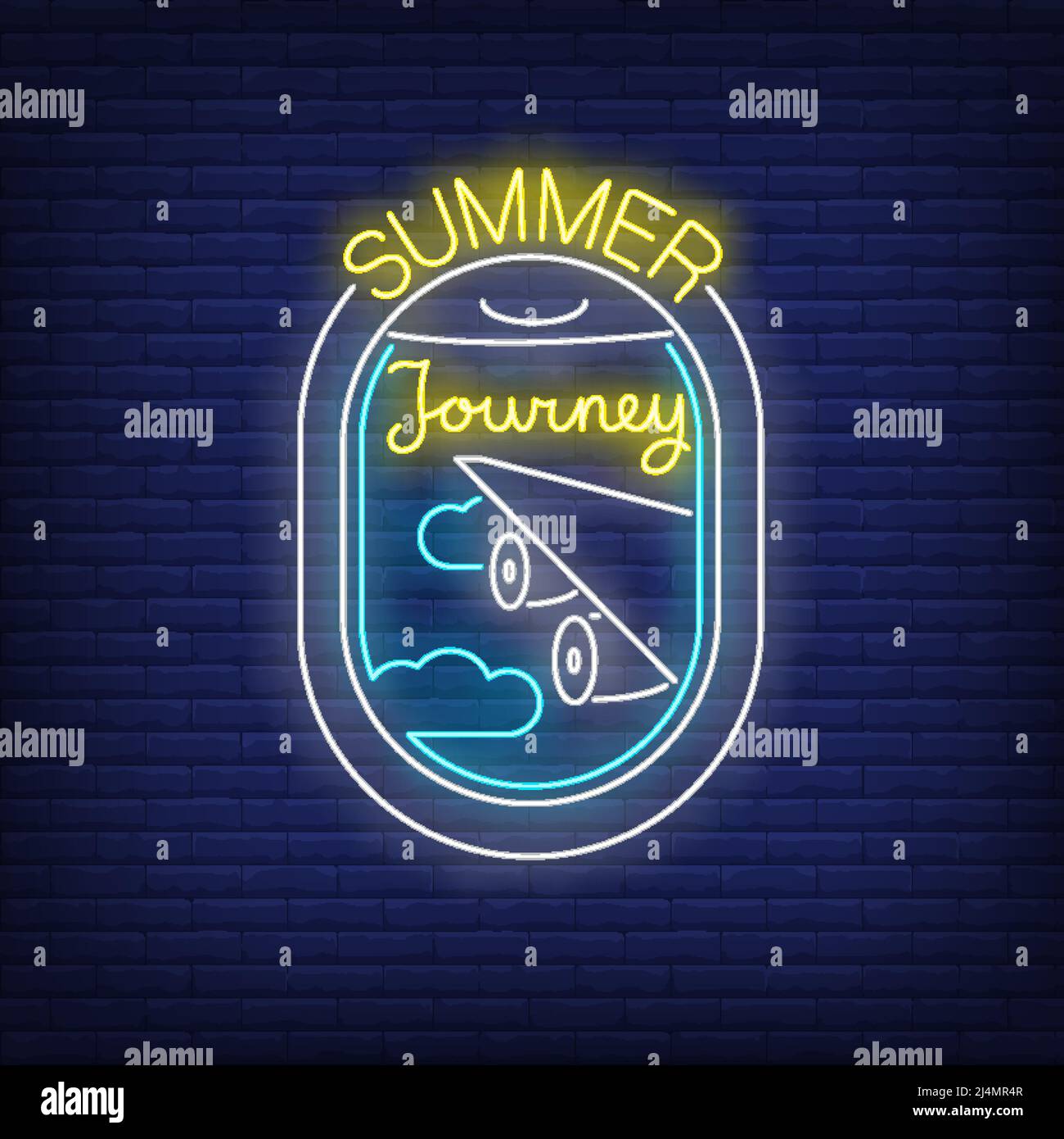 Summer Journey neon lettering and airplane window view. Tourism ...