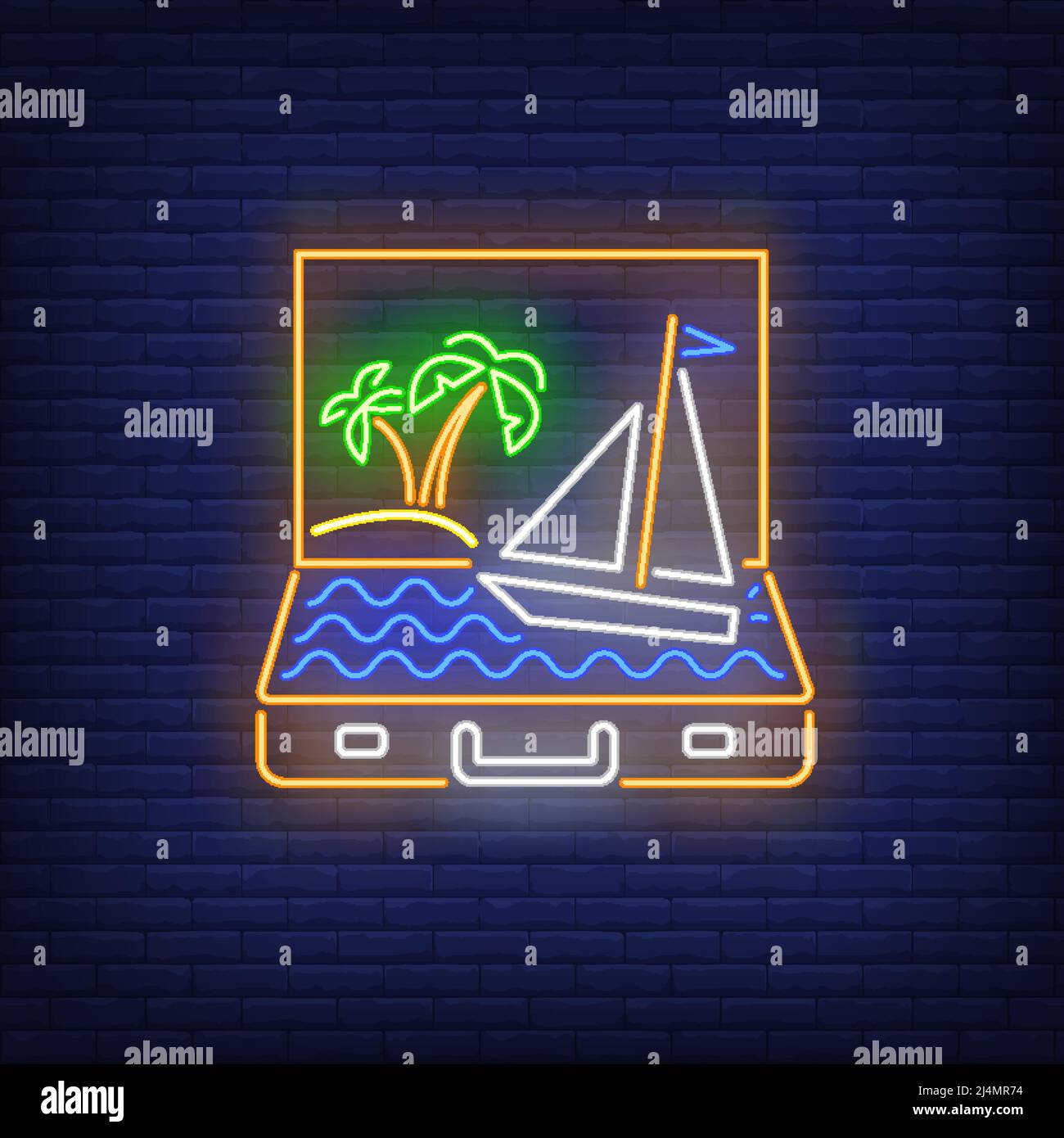 Palm trees and ship sailing in open suitcase neon sign. Tourism ...